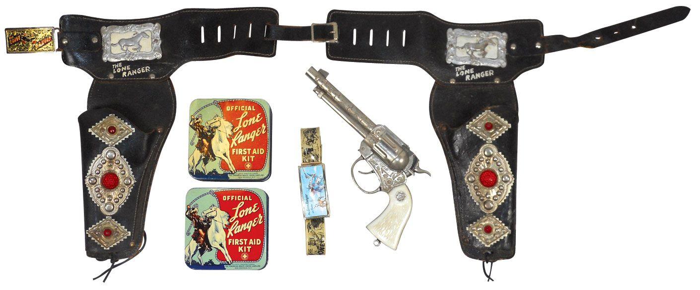 Lone Ranger items, double leather holster w/1 Lone Ranger gun (old ...