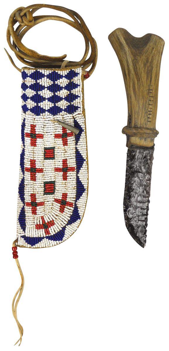 Native American knife w/deer bone handle & stone blade, beaded Indian ...