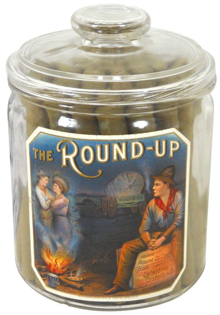 Western cigar jar, The Round-Up from Celestino Costello & Co., embossed ...