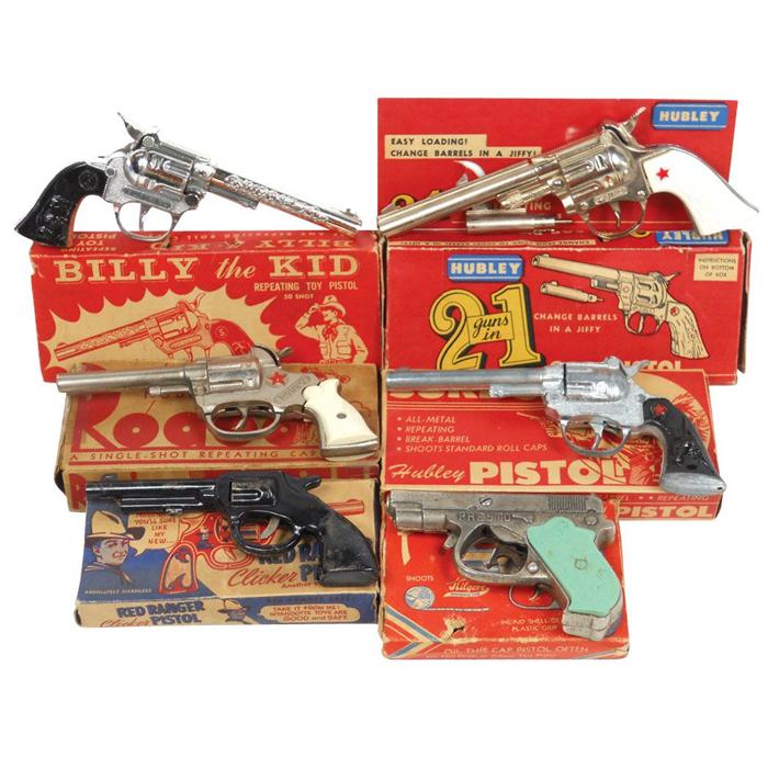 Boxed toy cap guns (6), Kilgore Presto w/green plastic grips (VG), J&E ...