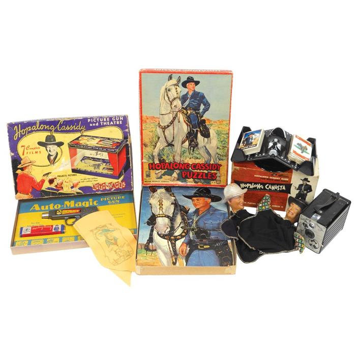 Hopalong Cassidy toys (7), Hoppy camera by Galter Productions, Canasta ...