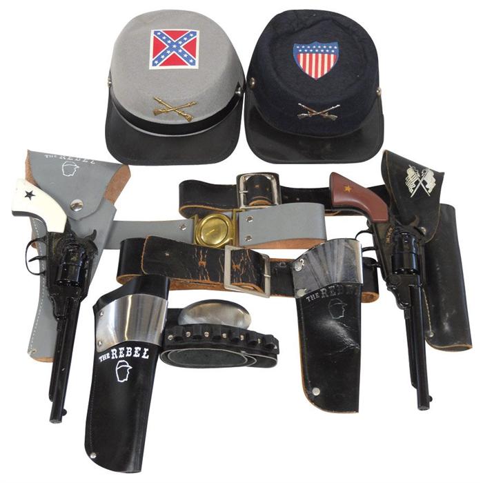 Western toys, Rebel hats, 3 Rebel single holsters, Confederate flag ...