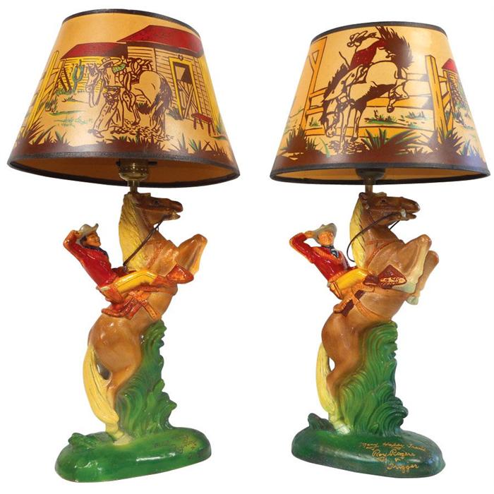 Roy Rogers table lamps (2), matching pair of painted chalkware lamps w ...