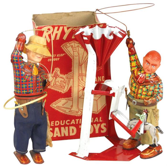 Cowboy toys (3), Rhythm Klippity Klop cowboy sand toy in box, VG cond ...