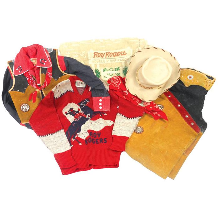 Roy Rogers clothing, includes sweater, hat, scarf, leather chaps & vest ...