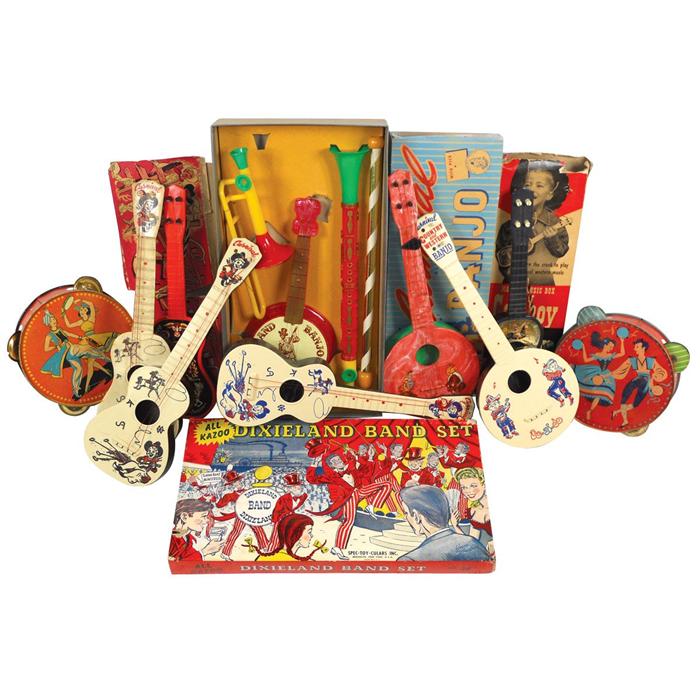 Toy musical instruments (10), includes carnival banjo, Cowboy Ge-Tar ...