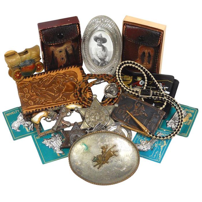Western lot of 19 items, includes wallets, paperweight, badges, belt ...