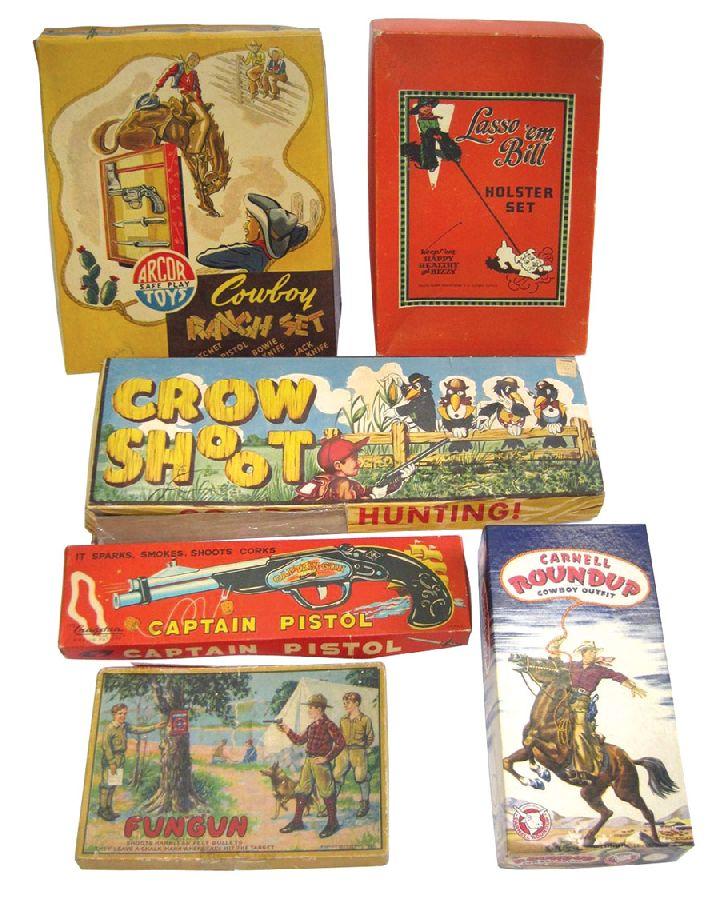 Western toys (6), Carnell Round-Up cowboy outfit w/Hubley cap gun, Fun ...