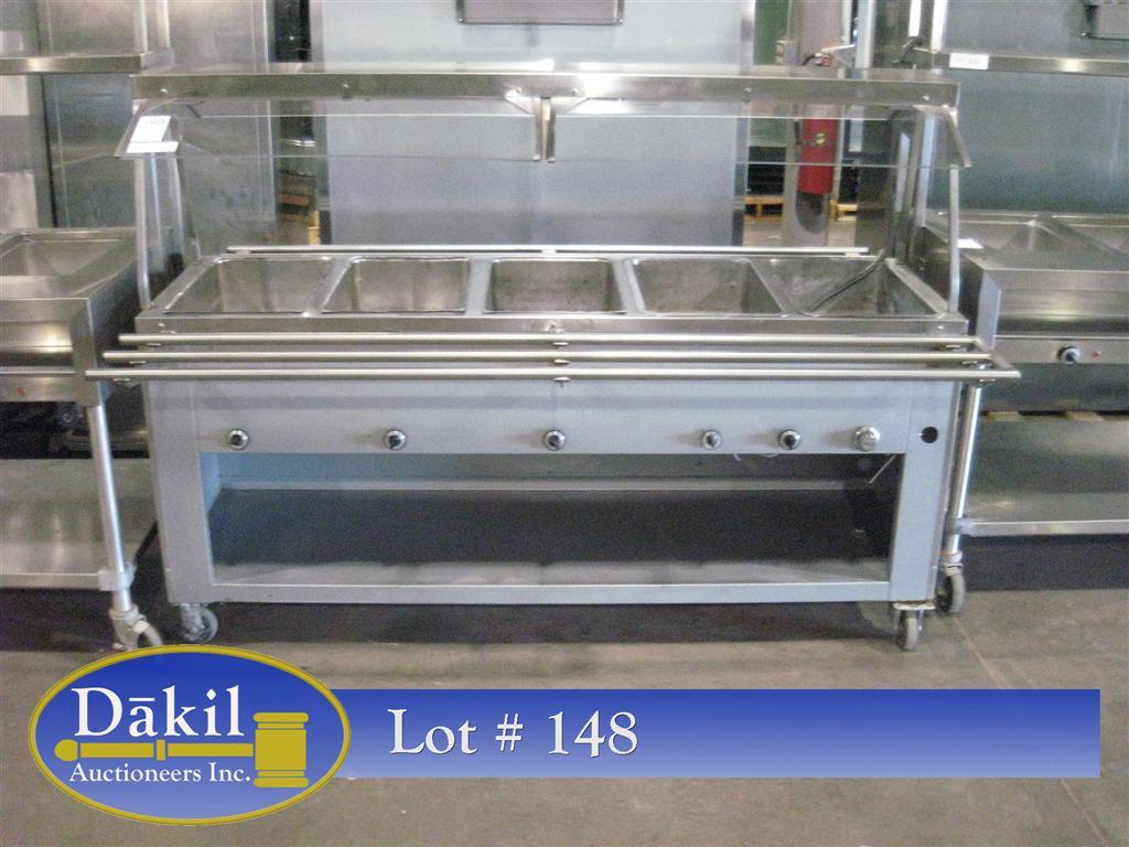 5 Well Stainless Steel Castered Steam Table w/ Sneeze Guards, Tray Slides
