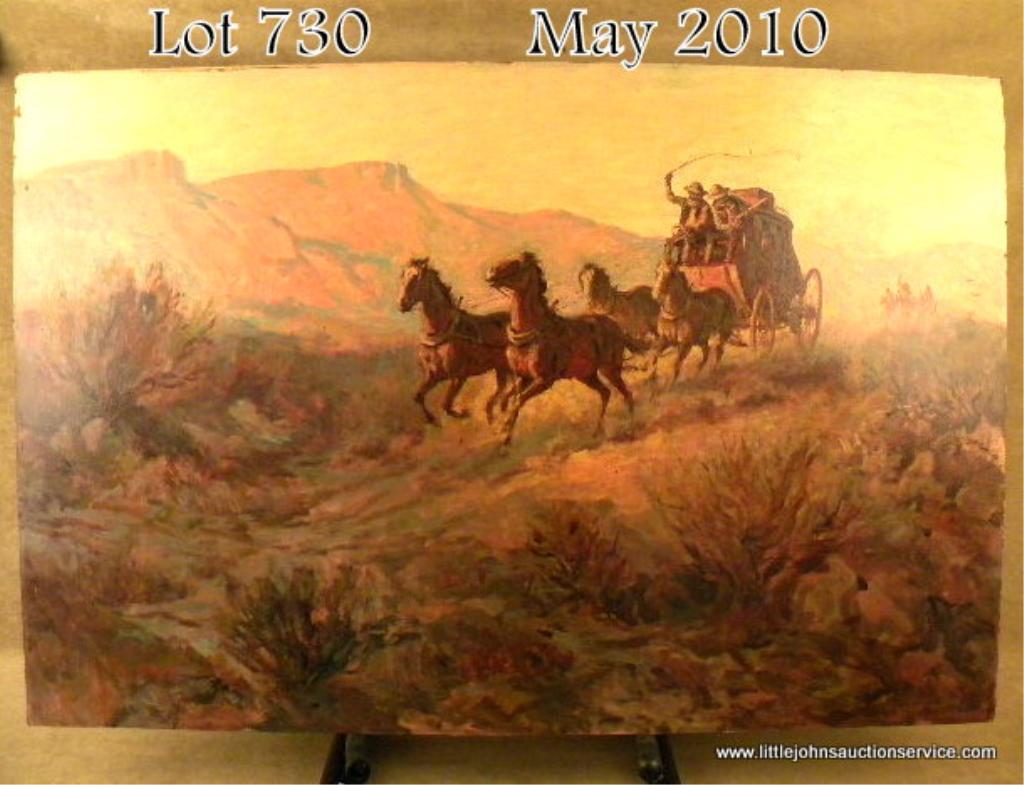 Original oil painting on artists board of stagecoach being chased by ...