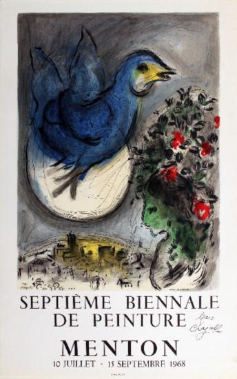 Signed 1968 Chagall Blue Bird Mourlot Lithograph
