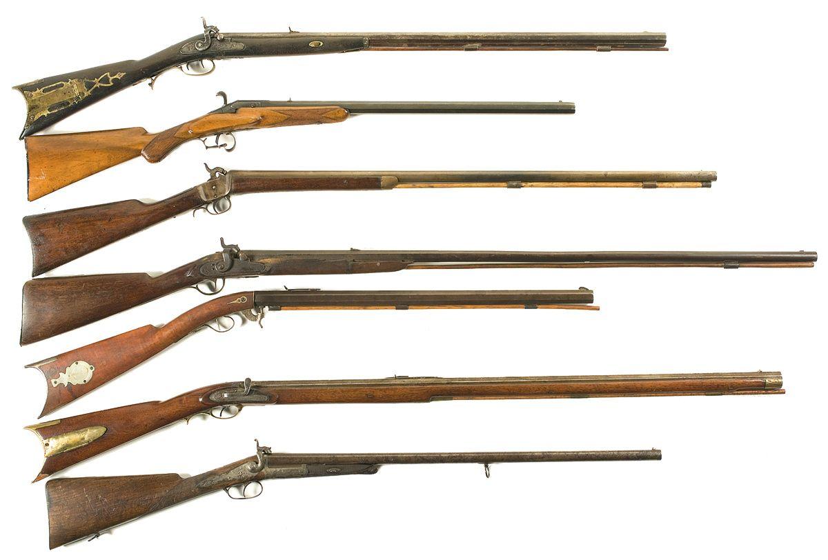 Seven Antique Long Guns -A) Golcher Marked Half Stock Percussion Rifle ...
