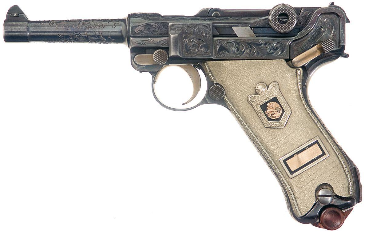 Custom Engraved DWM Luger Semi Automatic Pistol with Silver Grips