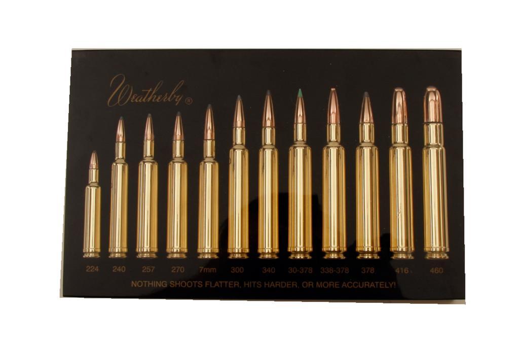 Weatherby Bullet Board Samples of 12 Weatherby rifle cartridges in an ...