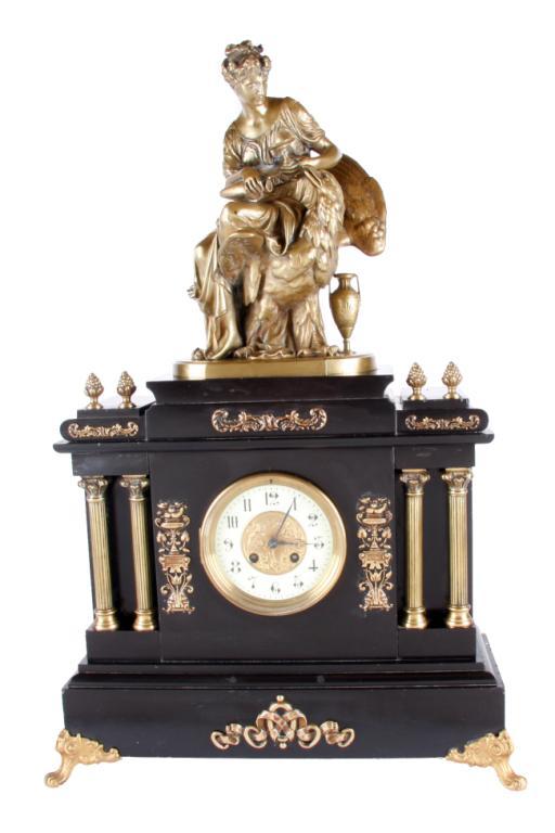 Black Marble French Statue Clock with gilt and bronze figurals, dial is ...