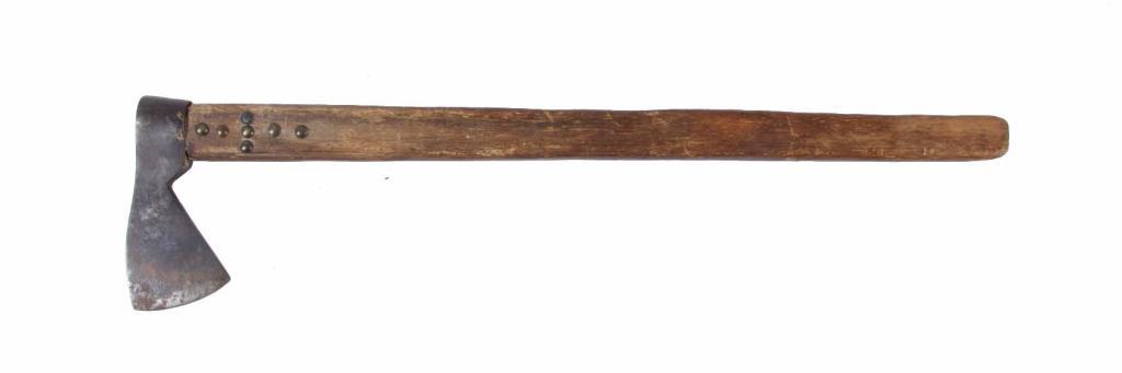 19th Century Axe Head on old associated shaft from table leg with tacks ...
