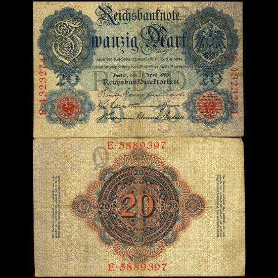 25 PIECES! 1910 Germany 20 Mark Note Hi Grade (COI-3896)