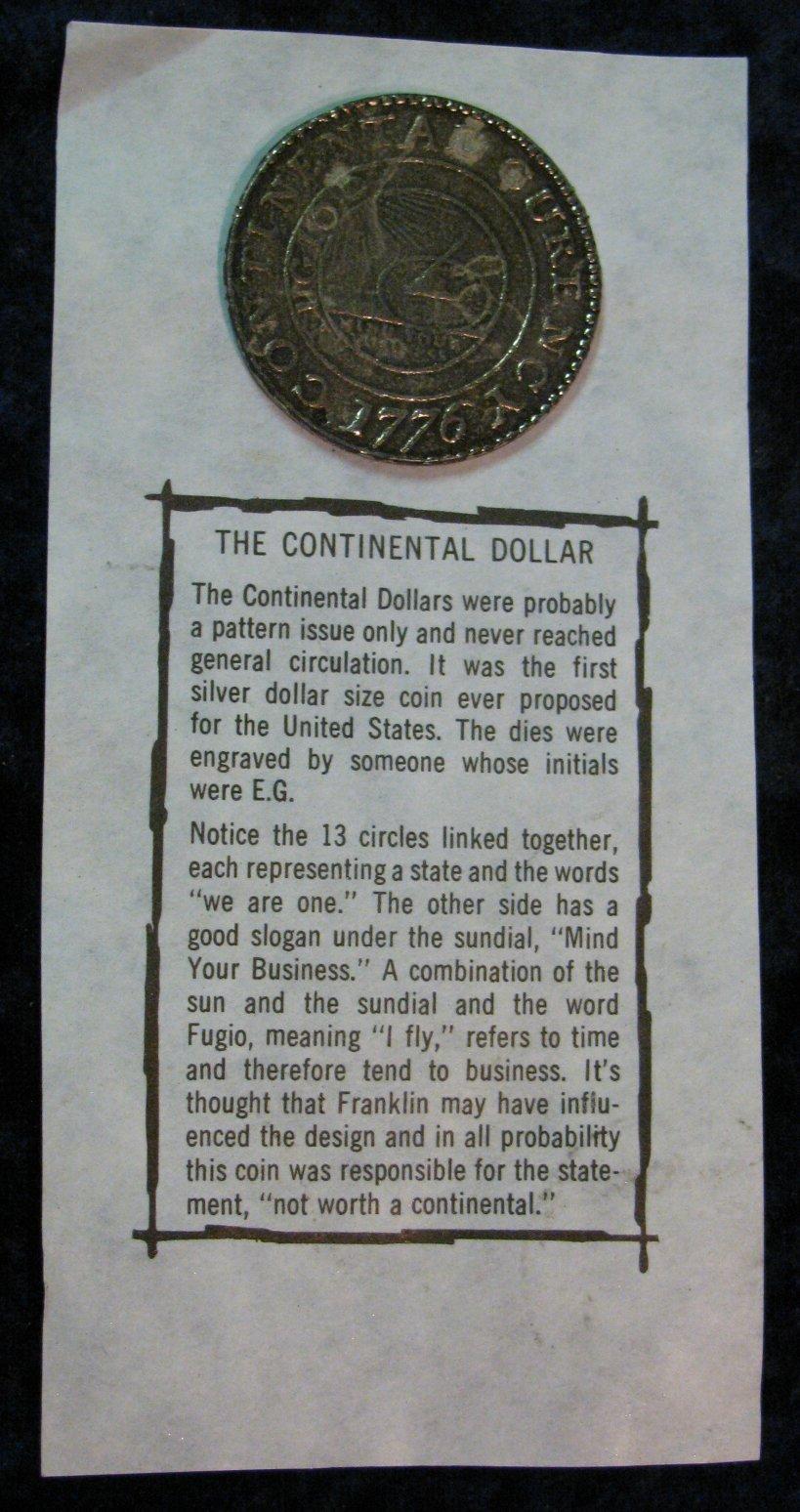 1207. 1776 Continental Dollar Replica with literature.
