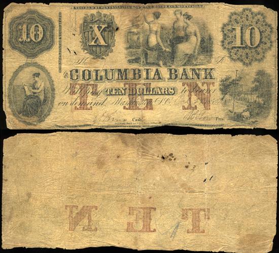 1850 Columbia Bank Washington $10 Note Better Grade (CUR-06254)
