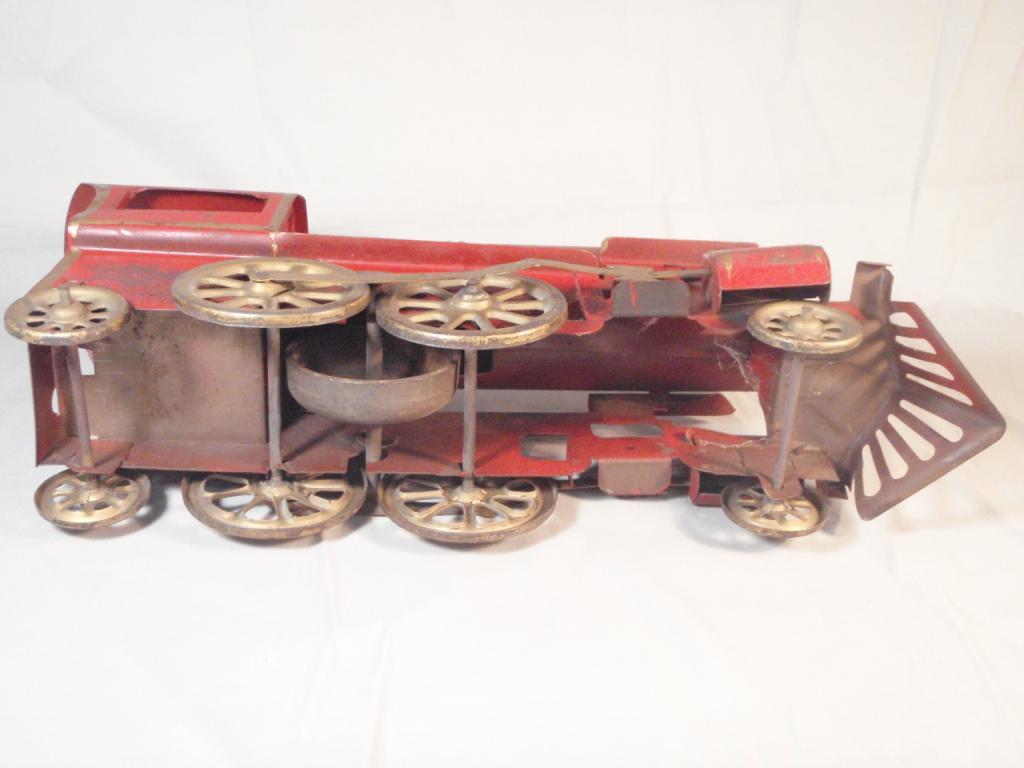 Antique Steel Toy Red Train Engine and Car