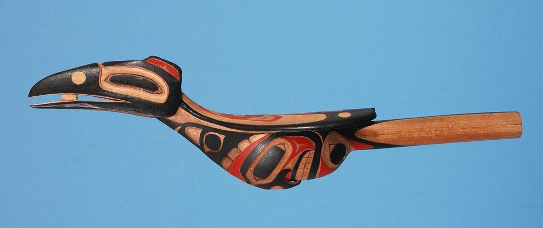 Finely Carved Gitksan Raven Rattle by Ken Mowatt 14" L. Fine Condition