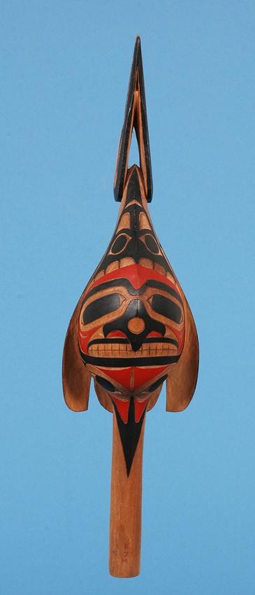 Finely Carved Gitksan Raven Rattle by Ken Mowatt 14" L. Fine Condition