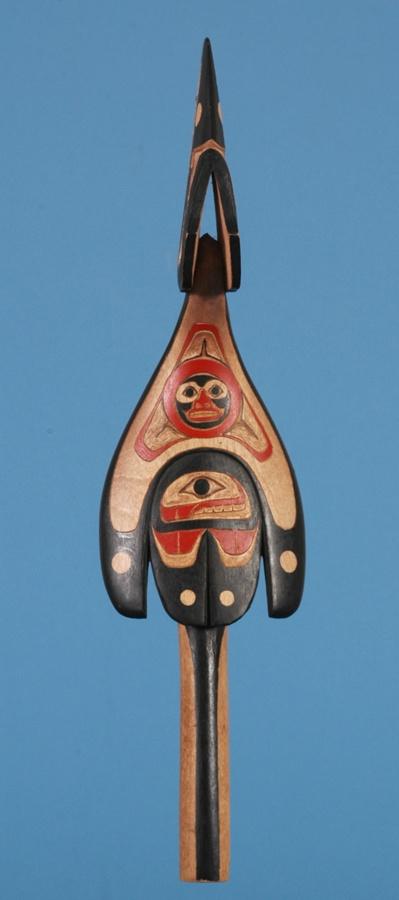 Finely Carved Gitksan Raven Rattle by Ken Mowatt 14" L. Fine Condition