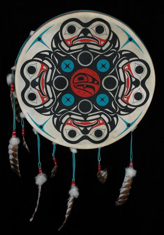 Ken Mowatt Painted Deerskin Drum - Four Frogs and a Raven 16" D. Good ...