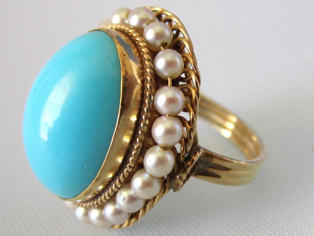 Vintage 14K Gold Ring W/Blue Stone & Pearls