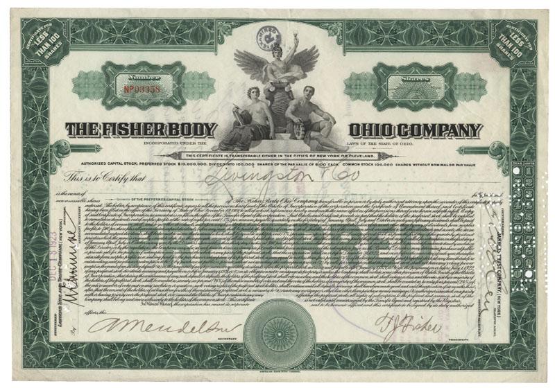 Fisher Body Ohio Company Signed By Frederick John Fisher