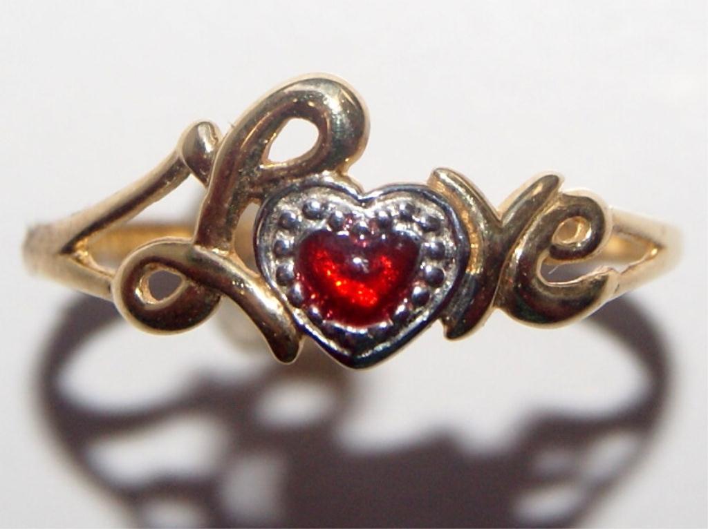 10K Gold Love Ring Beaded Diamond Red Heart