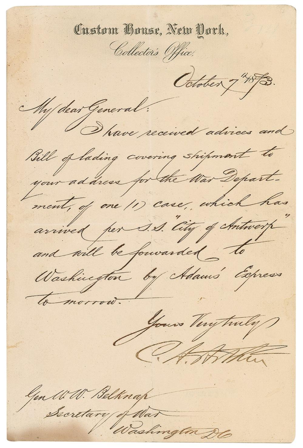 Chester Arthur Letter Signed
