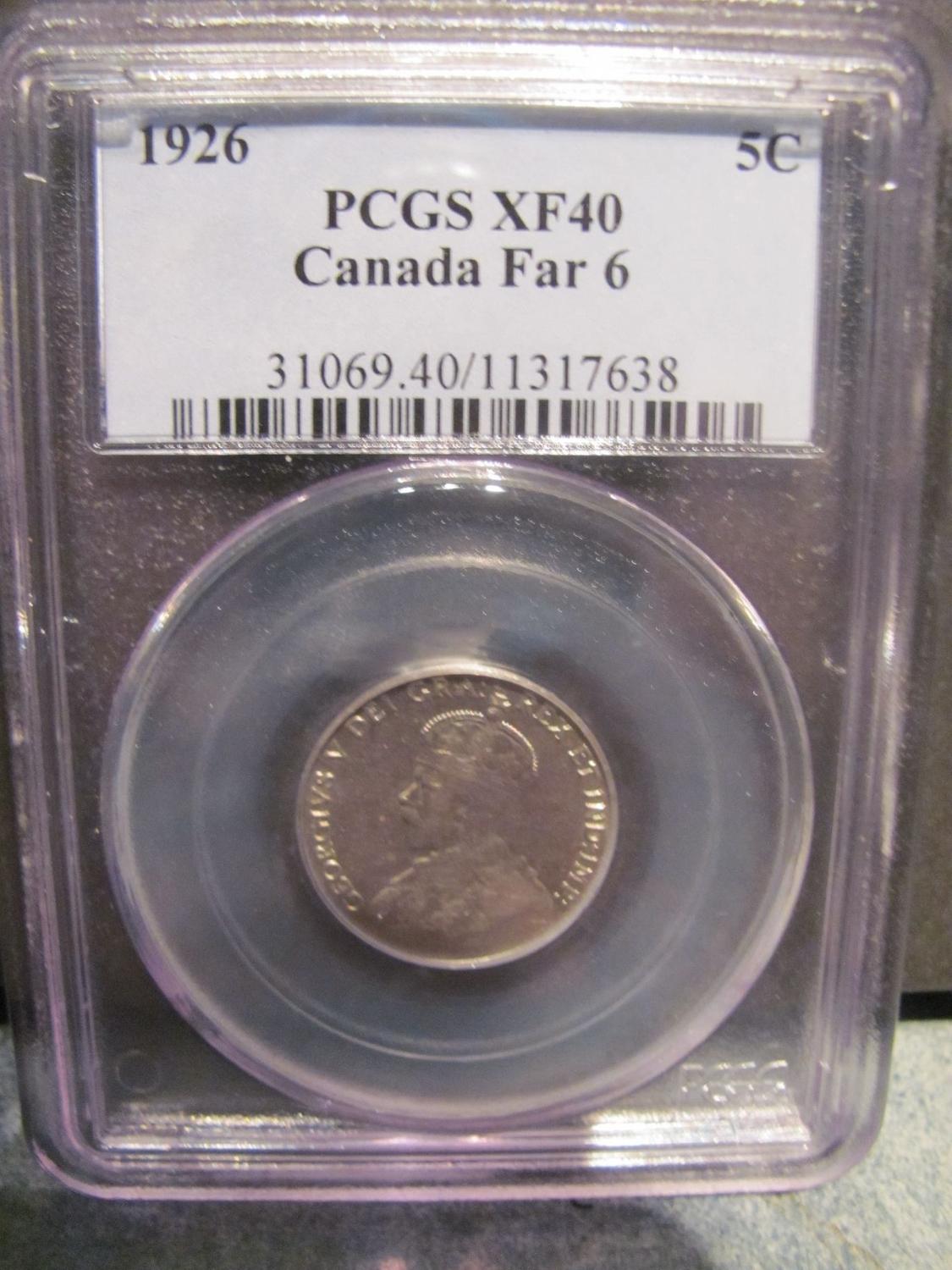 1926 FAR 6 canadian 5 cents PCGS XF40