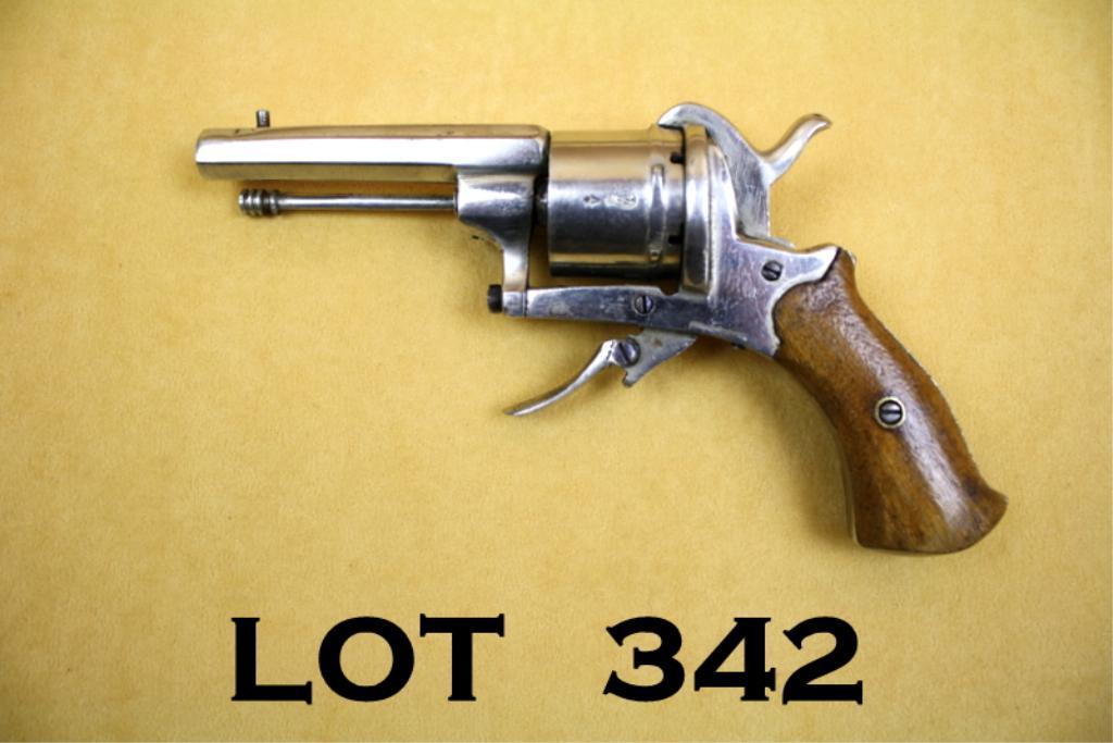 Small Belgian proofed pinfire revolver, 8mm cal., 3” barrel, nickel ...