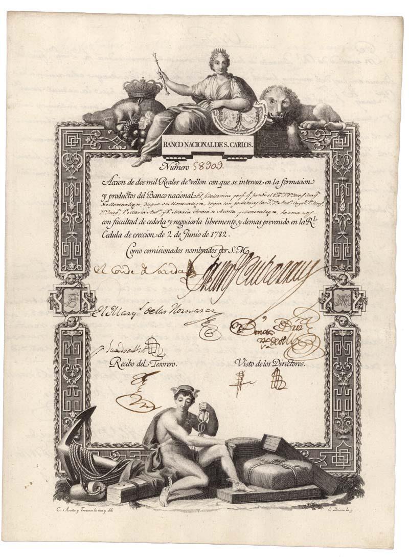 A Superb 18th Century Spanish Banking Stock Certificate Issued By The ...