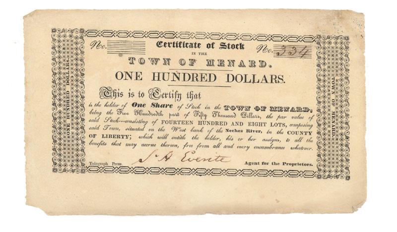 Scarce Early Texas Town Stock Certificate - Town of Menard
