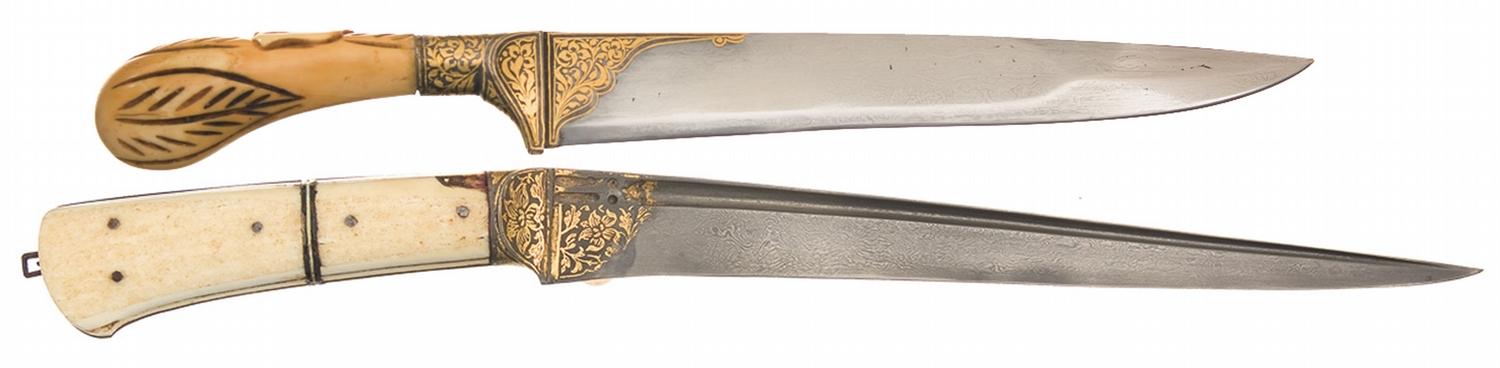 Two Gold Inlaid Damascus Knives
