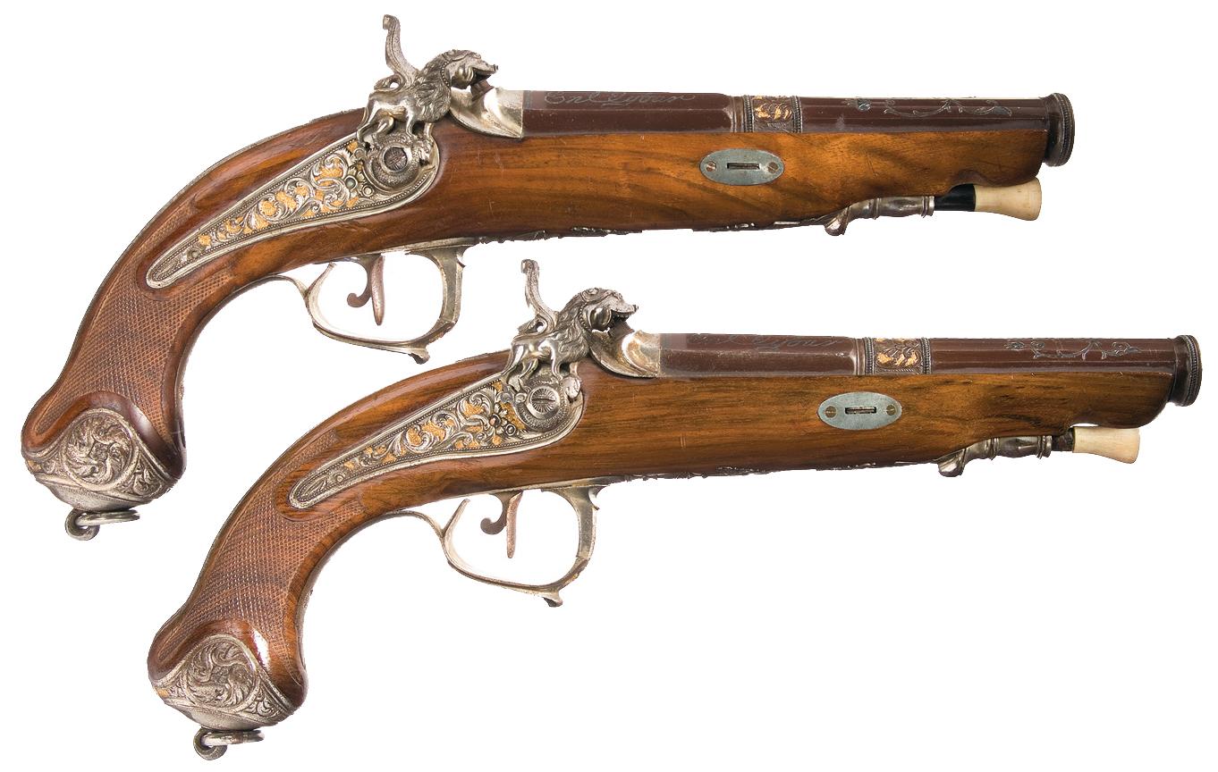Exceptional Matched Pair of Engraved Spanish Percussion Pistols -A ...