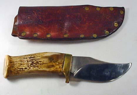 VINTAGE HANDMADE STAG HANDLE HUNTING KNIFE - W/ SH