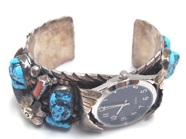 Navajo Turquoise Coral Sterling Silver Watch Band