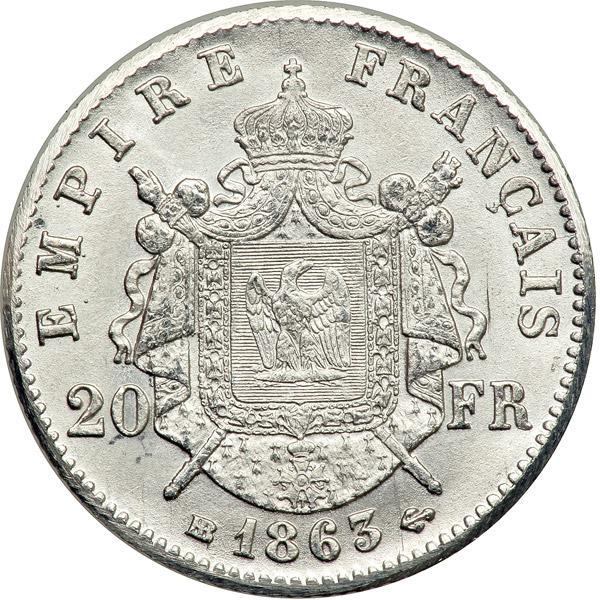 France. Platinum 20 Francs, 1863-BB. UNC