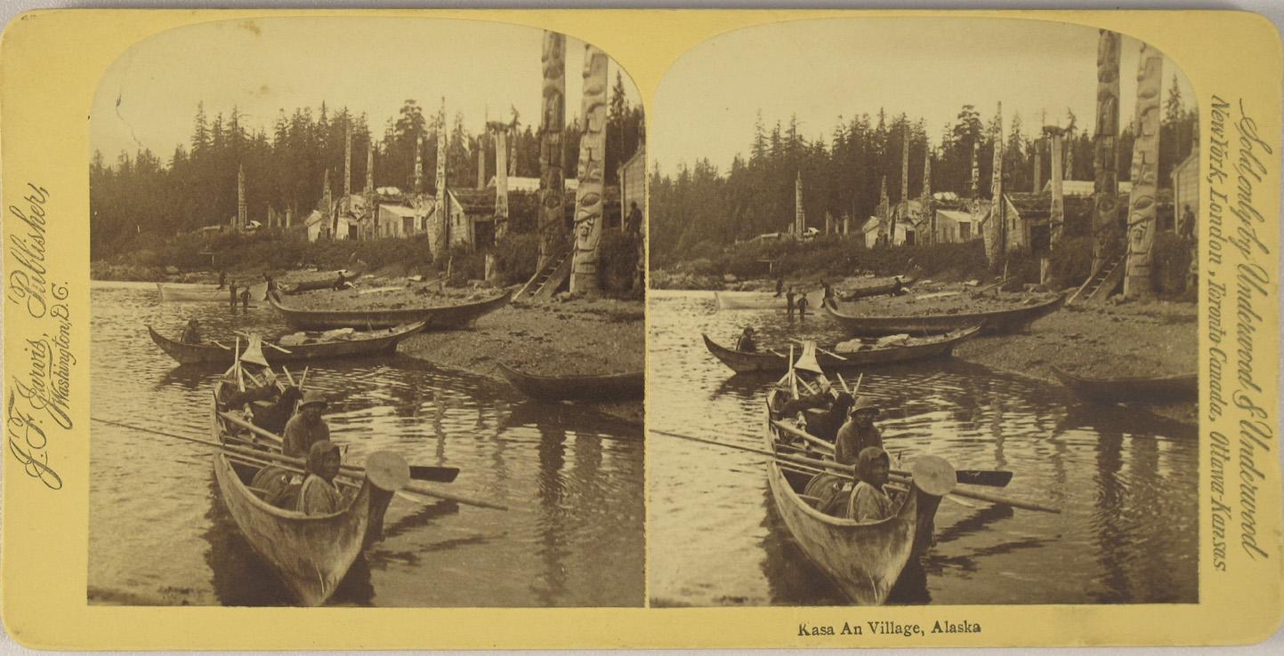 Kasa An Village,AK - 1890 - Alaska Eskimo Fishing Canoes Stereoview