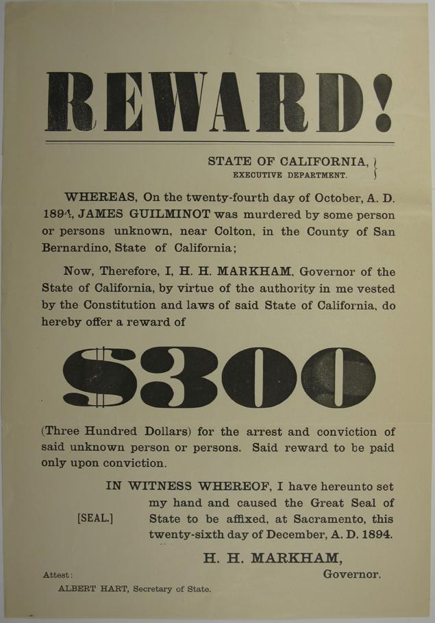 Colton,CA - San Bernardino County - c1894 - California Reward Poster