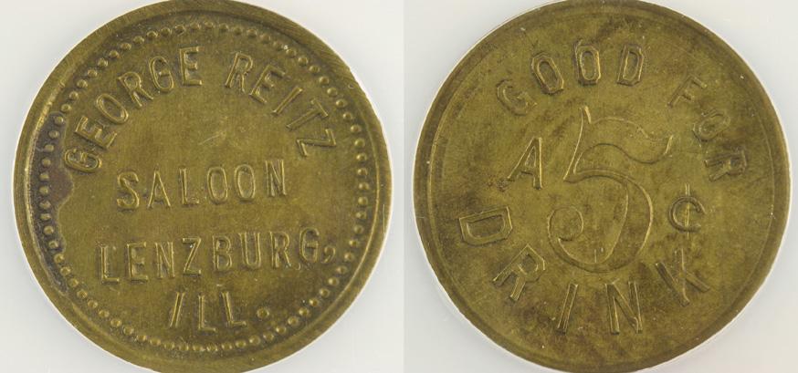 Lenzburg,IL - St. Clair County - George Reitz Saloon Token : 5c ...