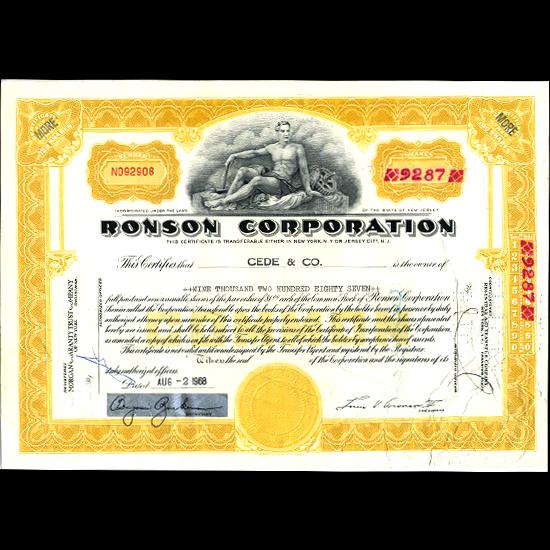 1960s Ronson Stock Certificate Scarce Yellow Overprint (COI-3355)