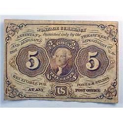1862 CIVIL WAR ERA 5 CENT POSTAGE CURRENCY
