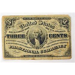 1863 CIVIL WAR ERA 3 CENT FRACTIONAL CURRENCY NOTE