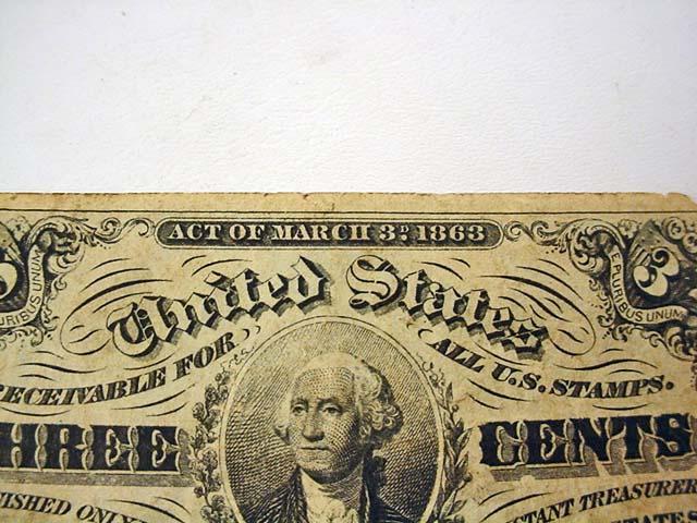 1863 CIVIL WAR ERA 3 CENT FRACTIONAL CURRENCY NOTE