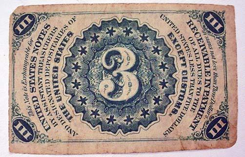 1863 CIVIL WAR ERA 3 CENT FRACTIONAL CURRENCY NOTE