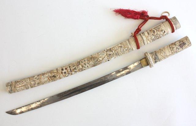 19th c. Chinese heavily carved ivory sword